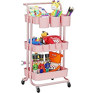 3-Tier Rolling Mobile Utility Cart with Hanging Cups & Hooks & Handle Multifunctional Organizer Storage Trolley Service Cart with Wheels Easy Assembly for Office, Bathroom, Kitchen(Pink)