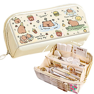 SIORTIO Pencil Pouch Multi-Layer Large Capacity Capybara Print Quirky Fun Cute (Beige-2)