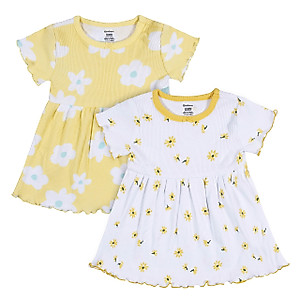 Gerber Baby Girls' 2-Pack Short Sleeve Cotton Dresses, Yellow Floral, 18 Months