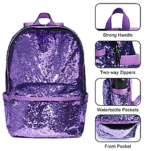 HeySun Sequin Backpack for Girls Bookbag Kids Back Pack for School Elementary School Bag for Boys Purple