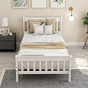 Voohek Twin Size Platform Bed Frame with Headboard, Footboard and Wood Slat Support, Sleigh Beds with Extra Supporting Legs, No Box-Spring Needed, White