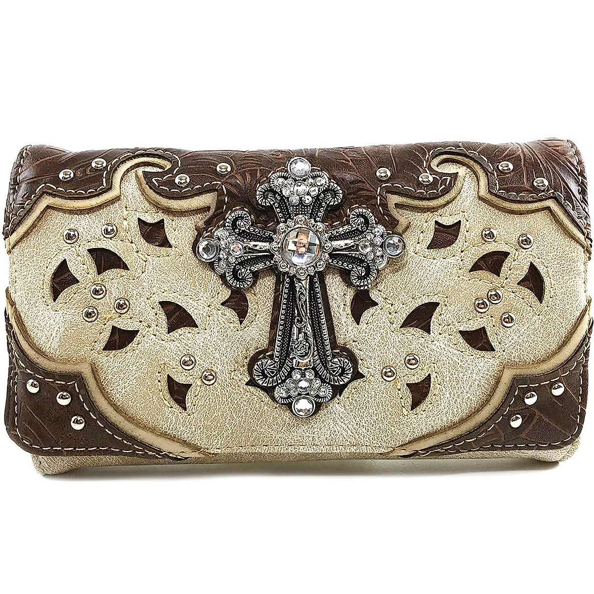 Justin West Western Rhinestone Cross Weaved Leather Laser Cut Floral Design Chain Shoulder Back Conceal Carry Handbag Purse with Flat Wallet (Beige Trifold Wallet)