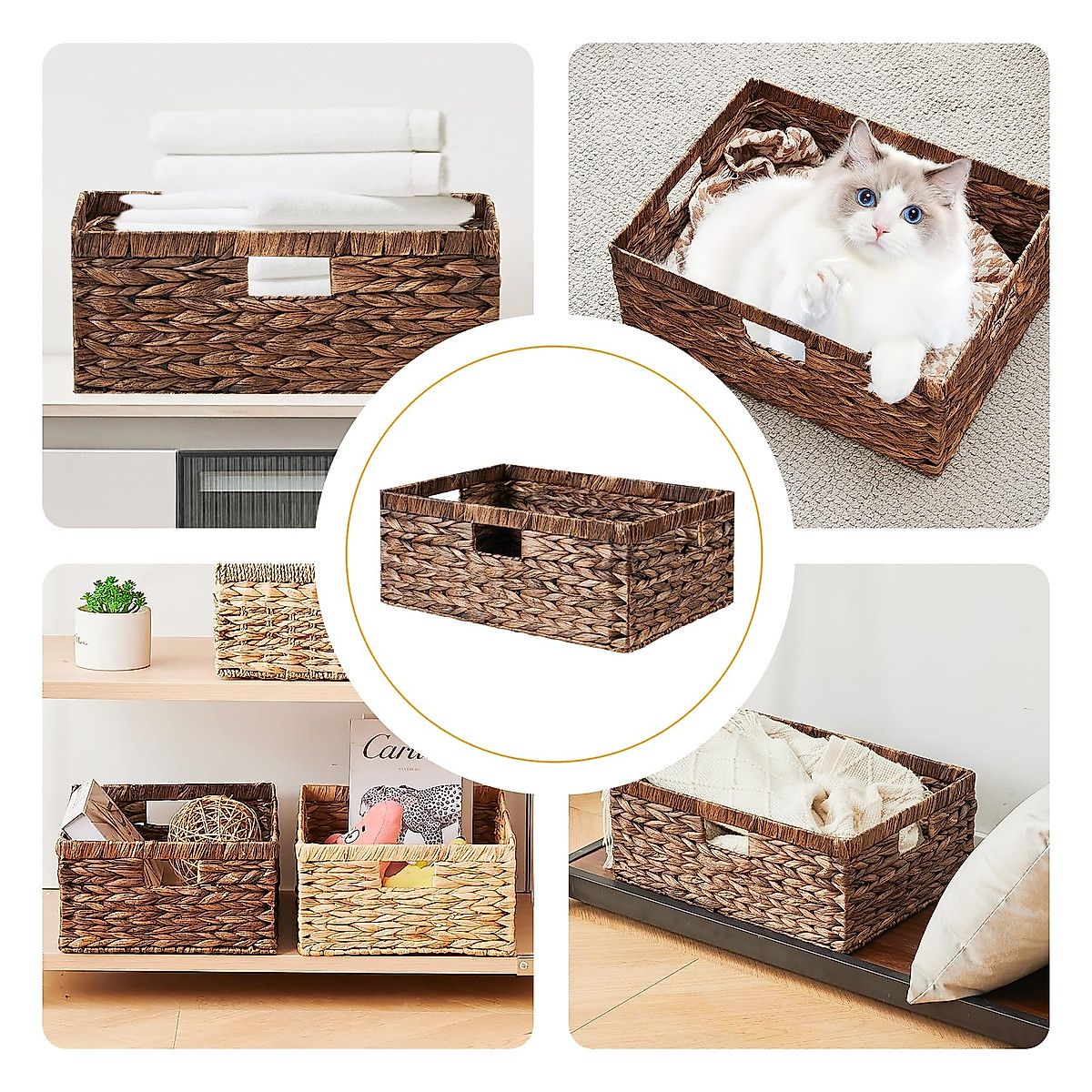 LGENHOOM Large Wicker Storage Basket, Woven Basket with Built-in Handles, Water Hyacinth Basket Storage, Rectangular Organizer Basket, Natural Wicker Baskets (Brown Water Hyacinth 16.5 x 12.6 x 6.7)