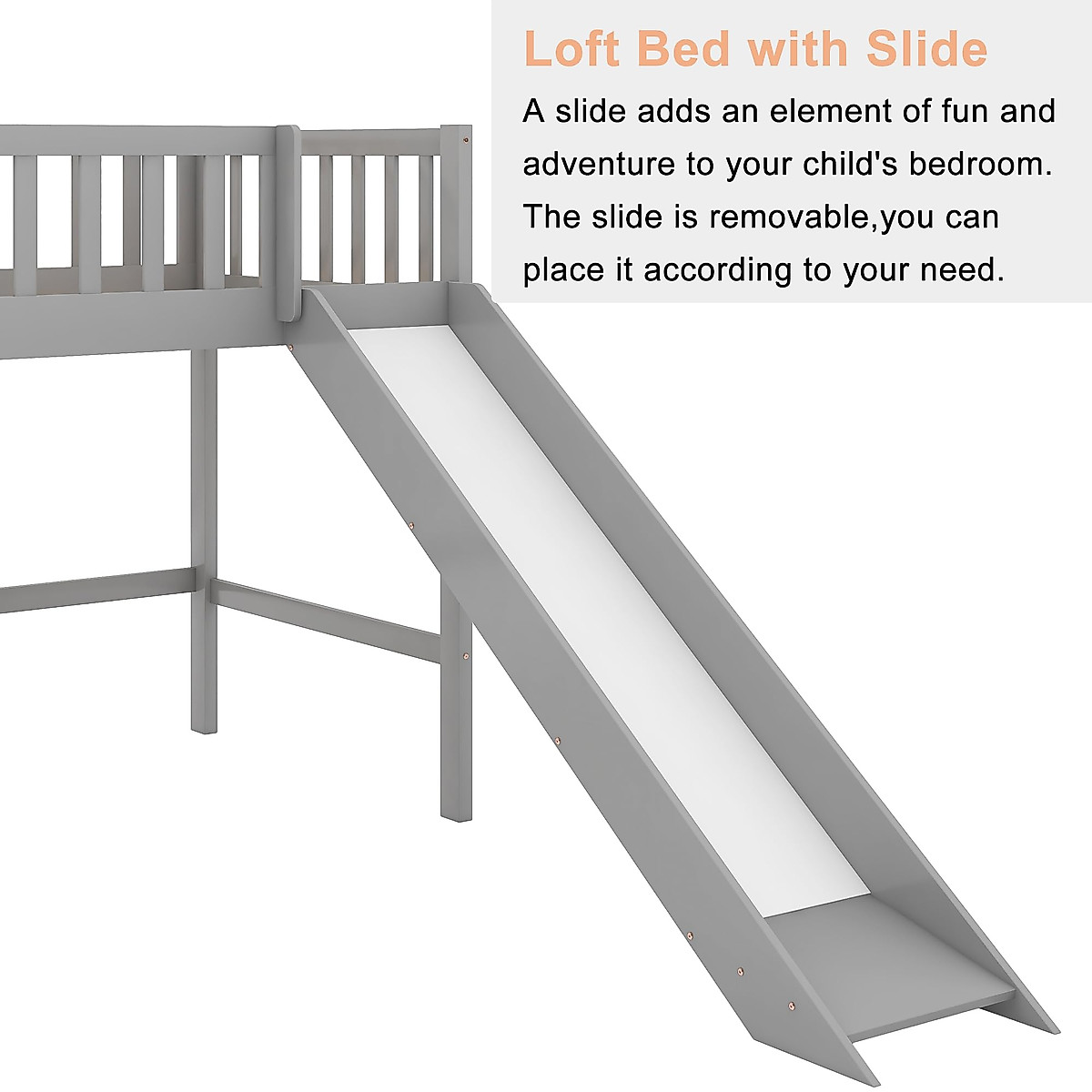 Bellemave Twin Size Loft Bed for Kids,Low Loft Bed with Slide and Ladder,Wood Loft Bed Twin for Girls Boys,Grey