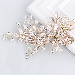 SWEETV Light Rose Gold Wedding Clip Rhinestone Bridal Comb Barrette - Handmade Flower Clip Head Pieces for Women