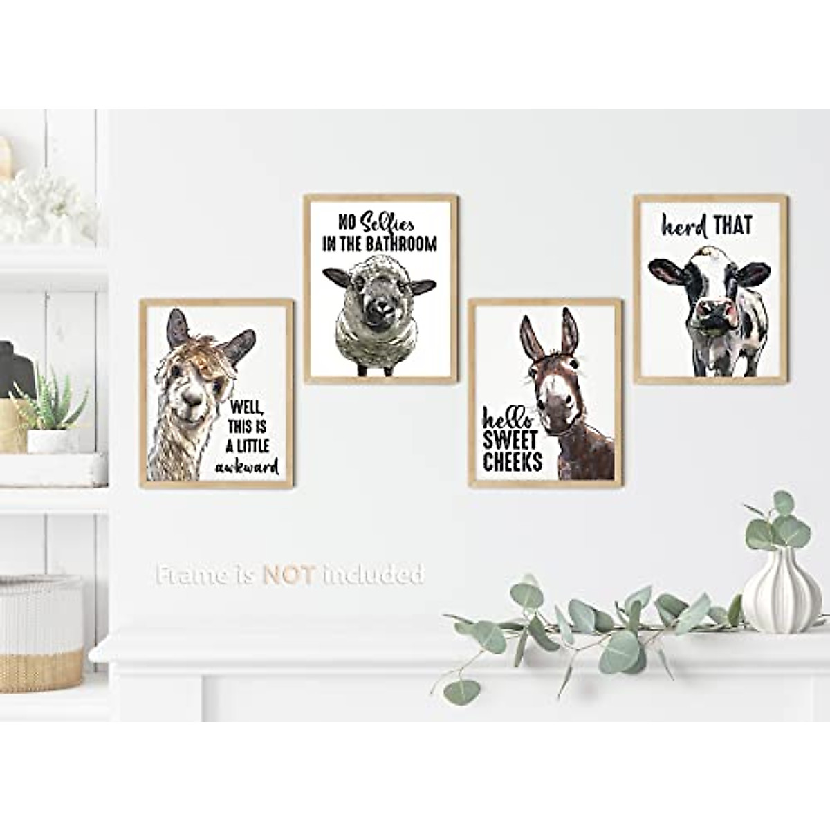 Funny Bathroom Decor Wall Art Cute Cow Llama Donkey Sheep Animal Artwork Inspirational Farmhouse Home Wall Decor Pictures Prints for Bathroom Restroom Nursery Kids Boy Room ,(4PCS, 8"x10", Unframed)