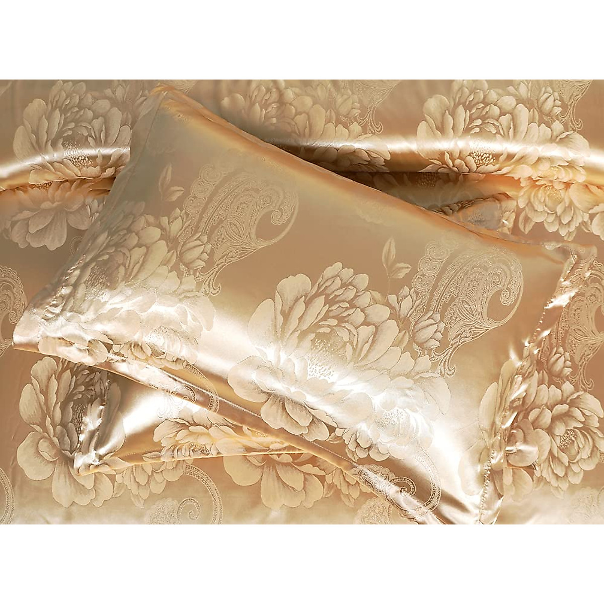 Satin Duvet Cover Queen Size, Floral Jacquard Satin Duvet Cover Set 3 Piece Luxury Silk Like Bedding Comforter Cover Set 90"x90", 2 Piece Pillowcase with Zipper Closure & Corner Ties (01,Queen)