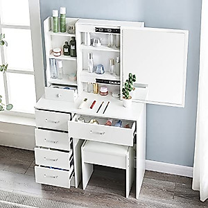 Makeup Vanity Set with Lights and Mirror Vanity Dressing Table with Drawers and Stool Shelves Makeup Vanity Desk for Bedroom Furniture for Girls Women