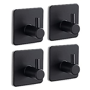 Eowihor Self Adhesive Hooks, Robe Hook, Black Towel Hook, Heavy Duty Wall Hook Waterproof Stainless Steel, Ideal for Bathroom and Bedroom 4-Packs…
