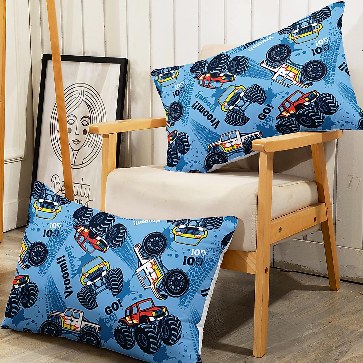 AILONEN Truck Fitted Sheet Set for Boys,Graffiti Blue Monster Truck Bedding Set Twin Size for Kids Boys Teens for Bedroom Decor,1 Fitted Sheet and 2 Pillowcases,3 Pieces