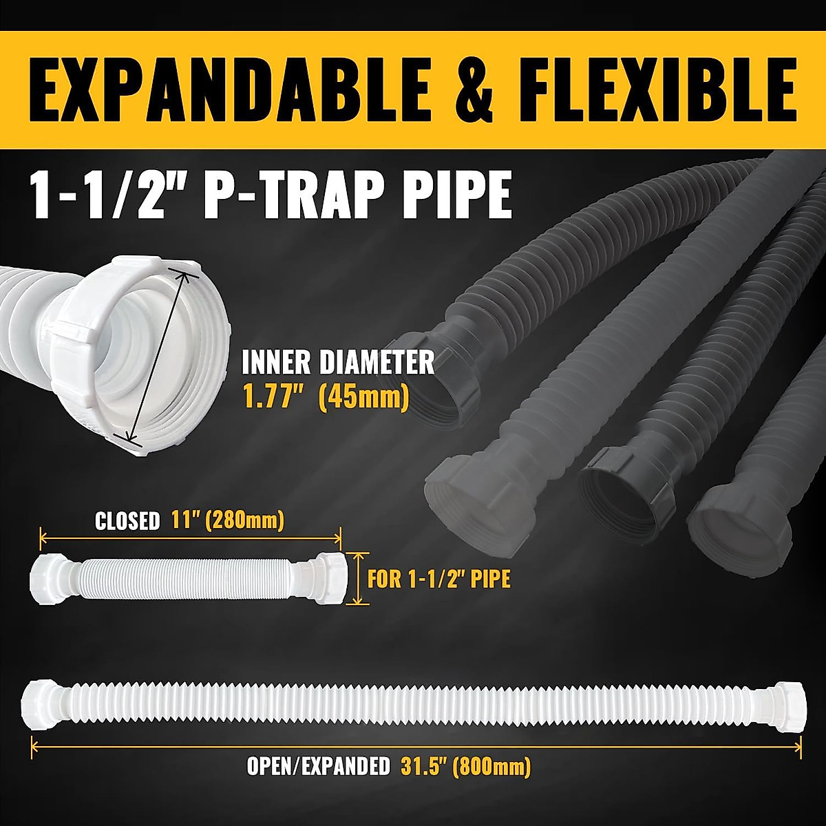 HJUNFSENZ Expandable Molded Flex P-Trap Pipe 1-1/2" (White) | Kitchen Sink drain kit, Garbage Disposers & Bathroom shampoo basin drain