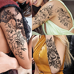 VANTATY 63 Sheets Realistic Black Rose Peony Flower Temporary Tattoos for Women Adults Body Art Arm, Snake Fake Floral Sketch Sleeve Tattoo Sticker