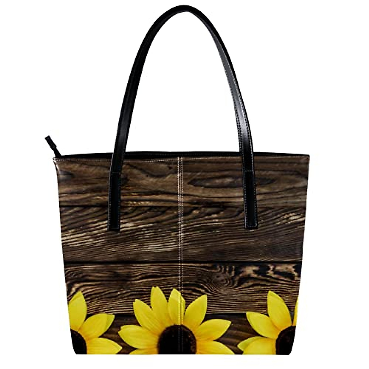 Sunflowers Wood Print Handbags for Women Large Purses Leather Tote Bag School Shoulder Bag