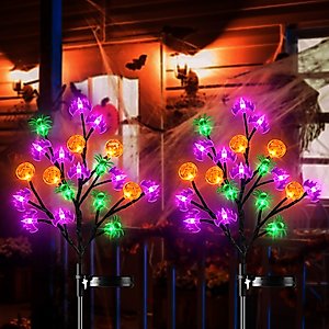 Halloween Decorations Outdoor Solar Lights, 2 Pack Halloween Lights Outdoor Solar Lights Waterproof with 20 LED Bats Spiders Pumpkin Lights, 2 Lighting Modes Solar Pathway Lights for Halloween Decor