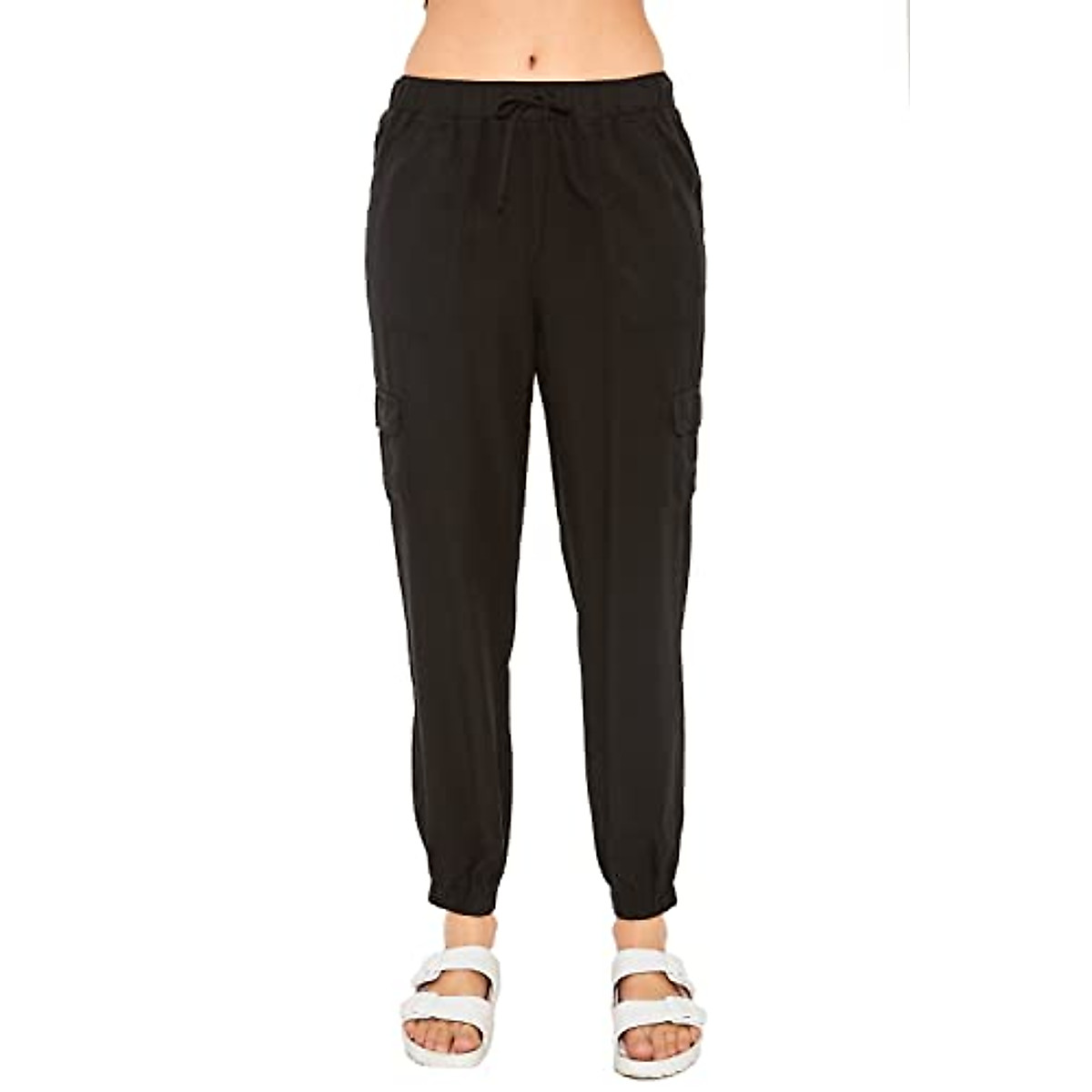 Love Tree Women's Elastic Waistband Drawstring Cargo Pants Ankle Length Joggers (Black, Large)