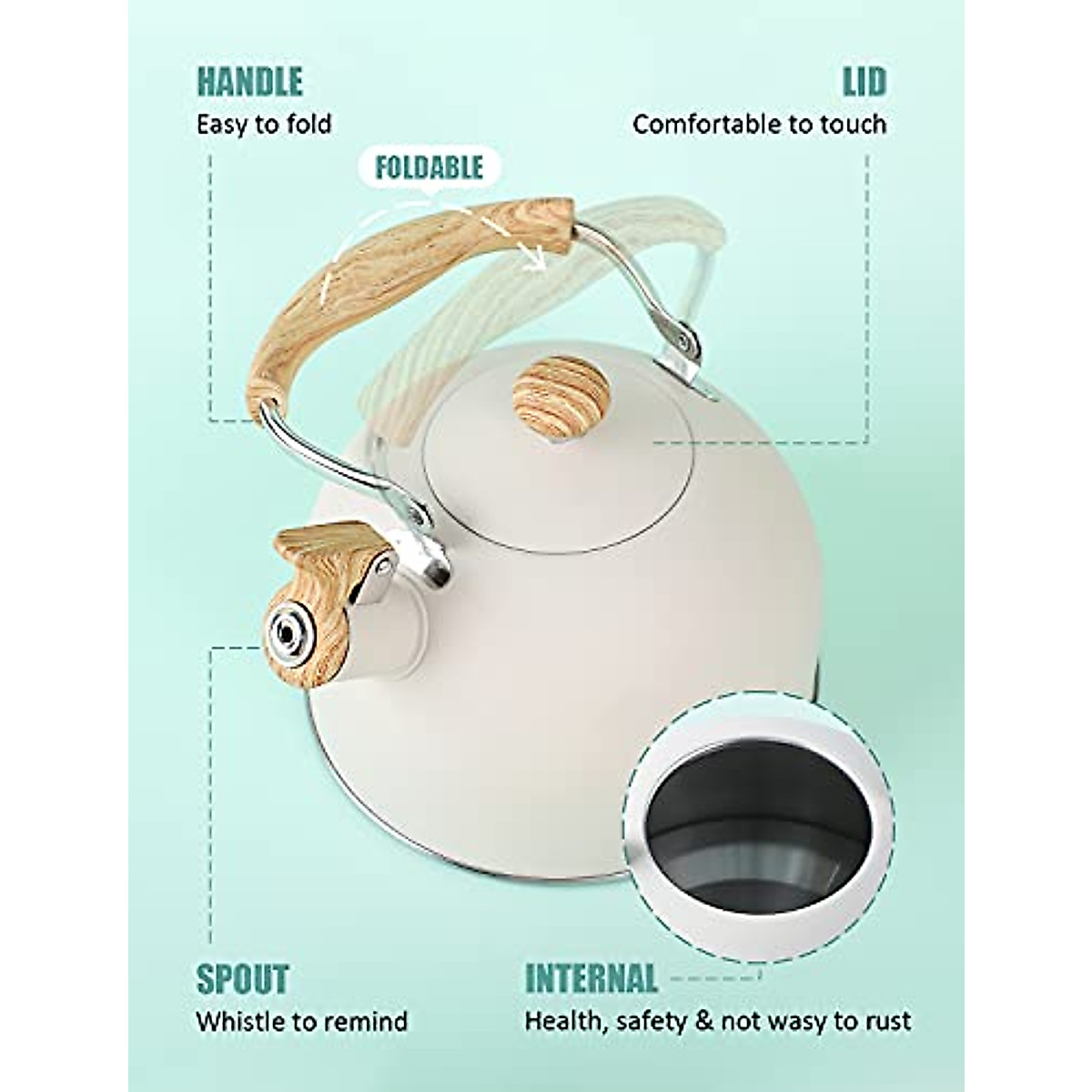 Tea Kettle, BELANKO 85 OZ / 2.5 Liter Whistling Tea Kettle Pots for Stove Top Food Grade Stainless Steel with Wood Pattern Folding Handle, Loud Whistle for Tea, Coffee, Milk - Milk White