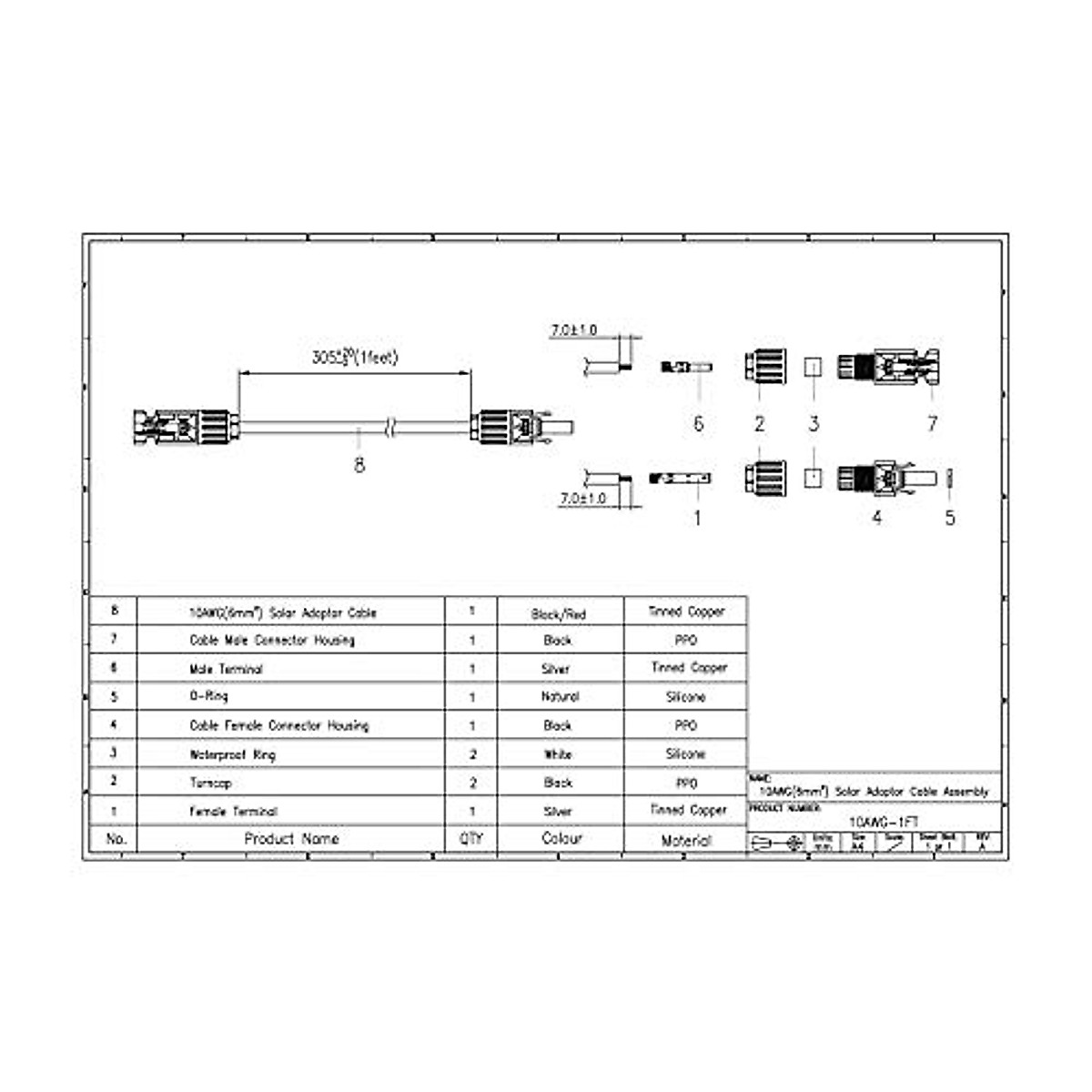 1 Pair Black + Red 10AWG(6mm²) Solar Panel Extension Cable Wire Connector Solar Adaptor Cable with Female and Male Connectors (1 FT-2)