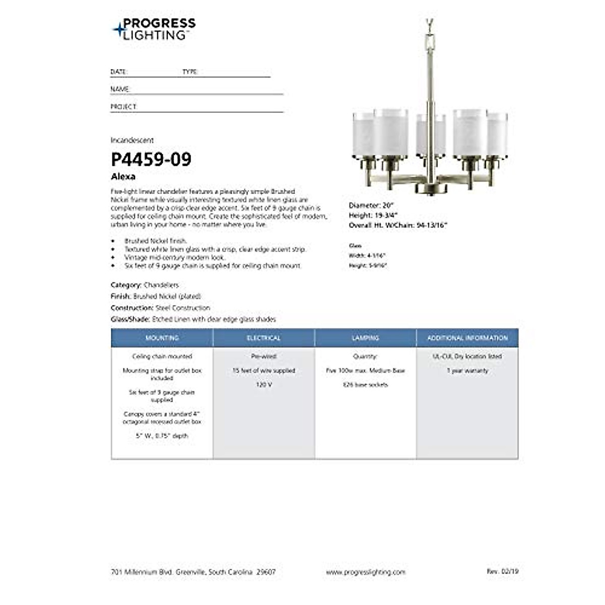 Progress Lighting P4459-09 Alexa Chandeliers, 20-Inch Diameter x 19-13/16-Inch Height, Nickel