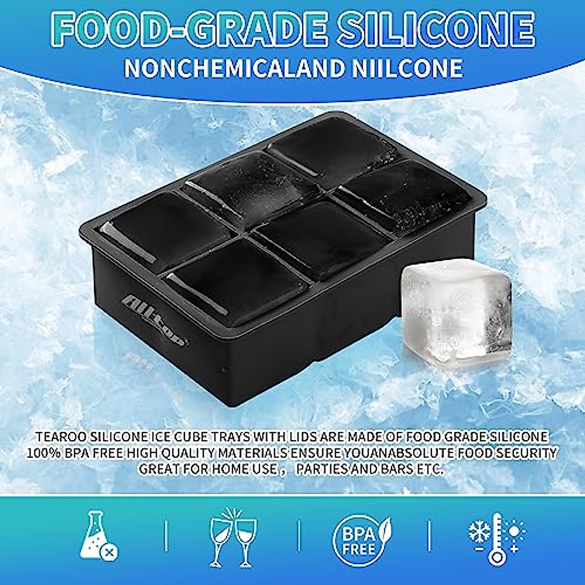 ALLTOP Large Square Ice Cube Trays,Giant Ice Block Maker with Lid for Whiskey, Cocktails,Reusable Silicone Mold, DIY, BPA Free,Freezer - 2 Packs,Black