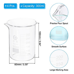 PATIKIL 300ml Low Form Glass Beaker, 4Pcs 3.3 Borosilicate Glass Beakers Graduated Measuring Cup with Spout for Lab Experiment, Cooking and Baking, Clear