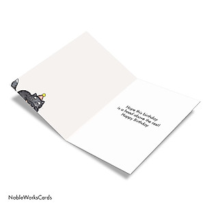 NobleWorks - 1 Awesome Birthday Greeting Card - Cartoon Art, Happy Funny Bday Note - Cat on Head C3791HBDG