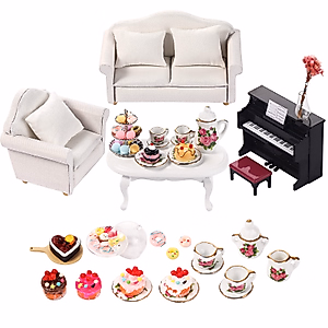 61 Pcs 1:12 Scale Dollhouse Sofa Accessories Set Dollhouse Food Miniature Dollhouse for Living Room Furniture Include Porcelain Tea Kits Mini Kitchen Food Tiny Piano for Doll Toy House (White)