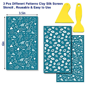 Juome Valentine's Day Silk Screen Stencils for Polymer Clay, 3Pcs Reusable Silk Screens Printing Kit for Polymer Clay Cutters, Polymer Clay Tools for Earring Jewelry Making