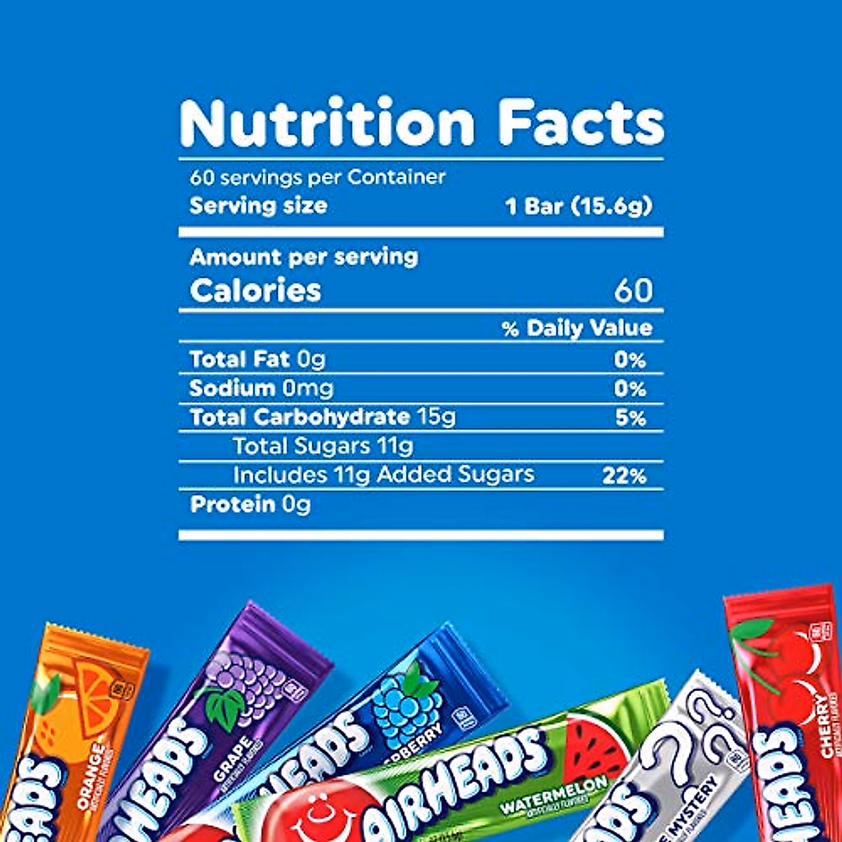 Airheads Candy Bars, Variety Bulk Box, Chewy Full Size Fruit Taffy, Gifts, Holiday, Parties, Concessions, Pantry, Non Melting, Party, 60 Individually Wrapped Full Size Bars