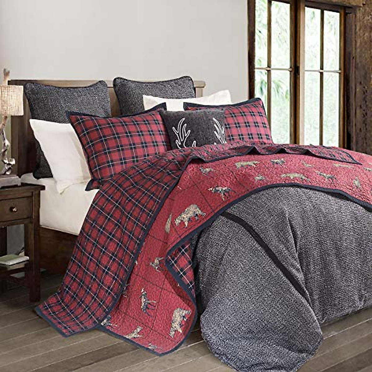 HiEnd Accents Hamilton 4 Piece Comforter Set, Gray Tweed Bed Set, Super King Size, Rustic Cabin Lodge Luxury Bedding Set, 1 Comforter, 1 Bed Skirt, 2 Pillow Shams