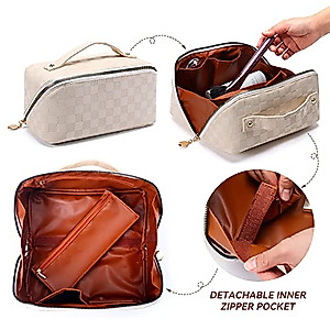 BAGCRAZY 2 Pcs Waterproof PU Leather Checkered Makeup Bag, Large Capacity Travel Cosmetic Bag - Portable Makeup Bags for Women, Lightweight Design and Waterproof Toiletries Bag for Cosmetic, White