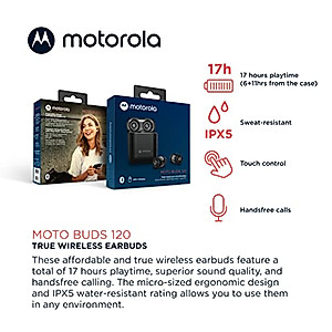 Motorola Moto Buds 120 - True Wireless Bluetooth Earbuds with Microphone & Compact Charging Case - IPX5 Water Resistant, Voice & Smart Touch-Control, Lightweight Comfort-Fit, Clear Sound - Black