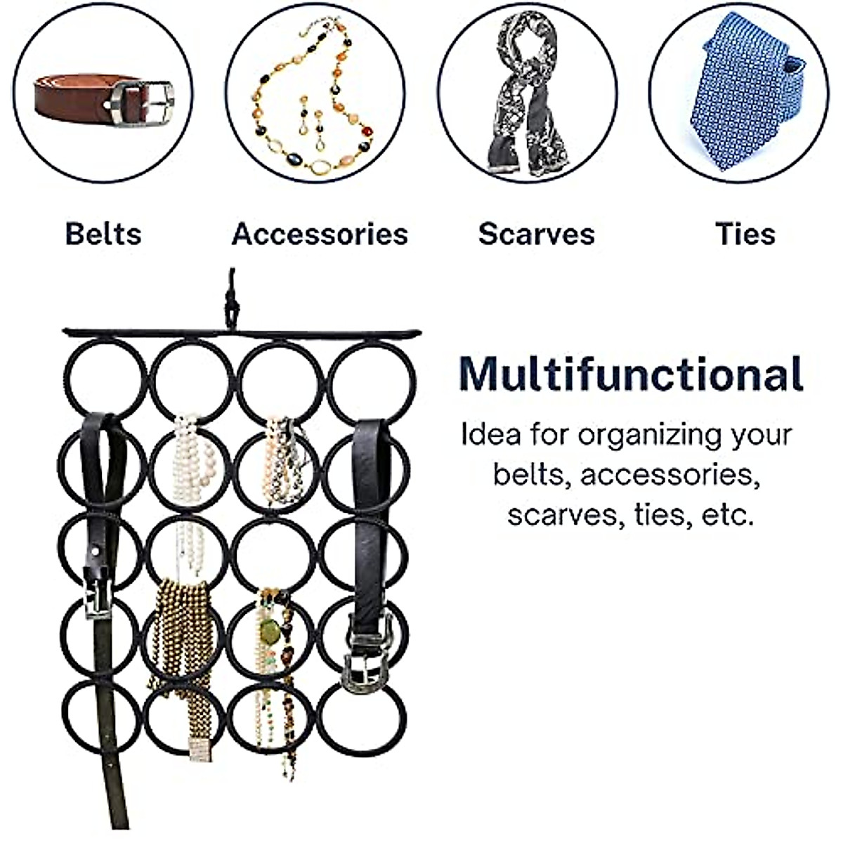 KLEAFS Handmade Crocheted Scarf Hanger for Closet Organization, Closet Organizers for Scarves, Shawl, Tie, Belts & Accessories, Space-Saving Scarf Organizer 20 Rings (Beige 360° Swivel) (Black)