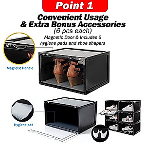 Letusto Premium Shoe Storage Boxes - Clear Plastic Shoe Throne Display Case (6 pack, Neon Green), Stackable Shelves Large Sneaker Containers Cases with Lids + 6 Hygiene Pads & Shapers