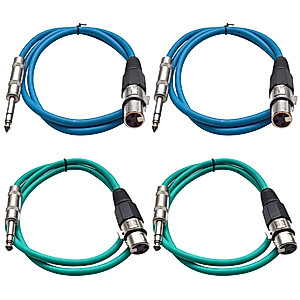 Seismic Audio - SATRXL-F2-4 Pack of 2 Foot 1/4 Inch TRS to XLR Female Patch Cables - Balanced - 2 Foot Patch Cord - Blue and Green