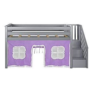 Max & Lily Low Loft Bed, Twin Bed Frame With Stairs and Curtains For Bottom, Grey/Purple
