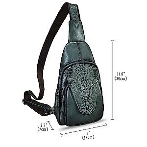 FEIGITOR Genuine Leather Sling Bag Embossed Crocodile Pattern Leather Crossbody Sling Backpack Handmade Chest Purse Daypack (Navy Blue)