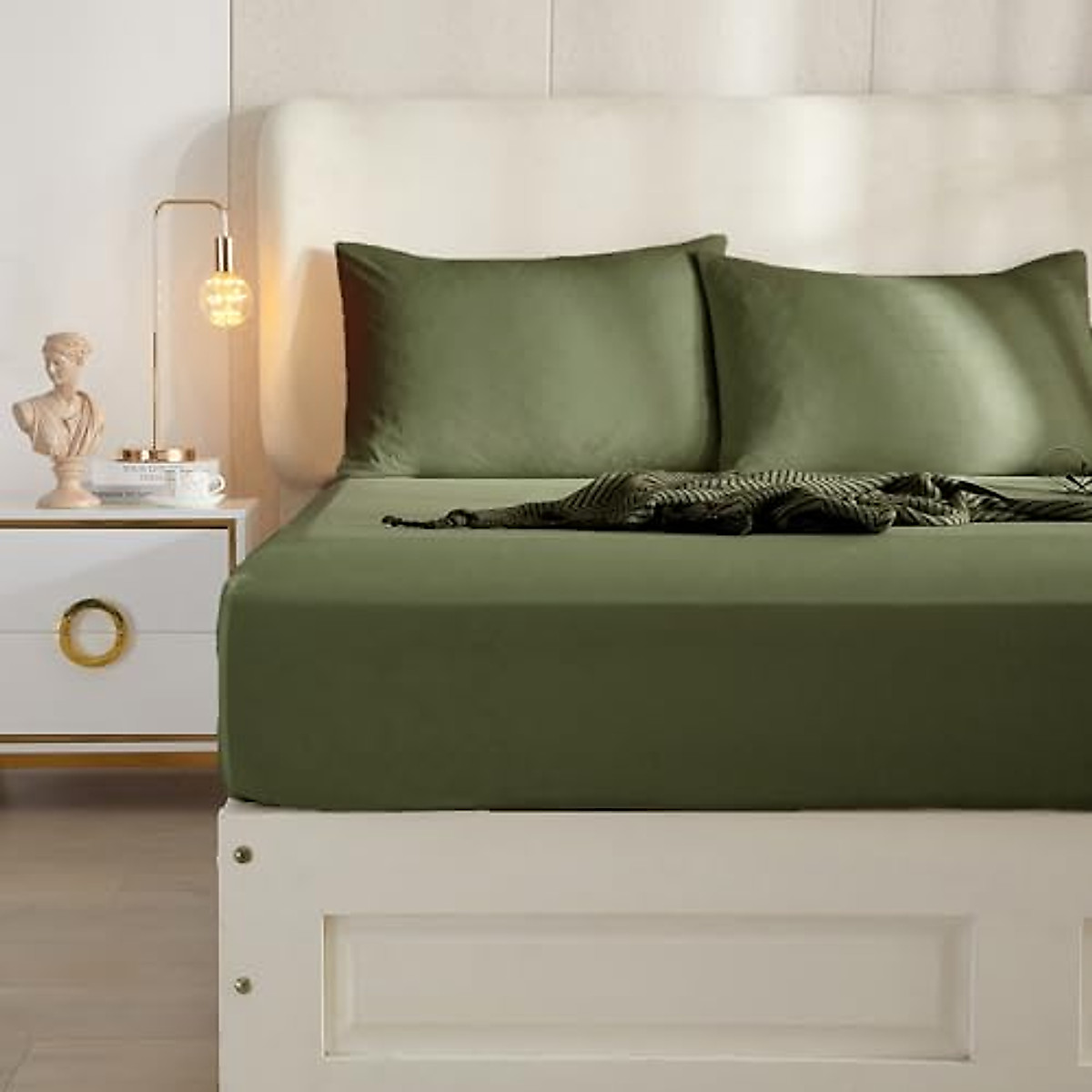 Fitted Sheets for Full Size Bed - Deep Pocket (Up to 16 Inch) - Solid Army Green, Fade & Stain Resistant, Cooling Sheet