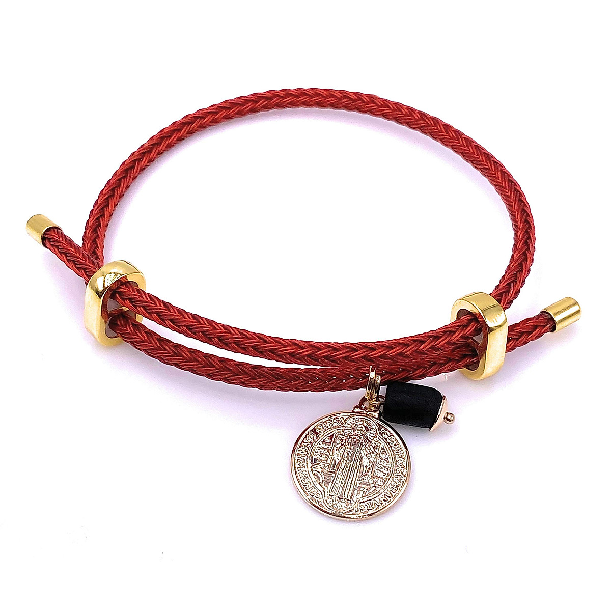 LESLIE BOULES 18K Gold Plated Saint Benedict Medal Red String Bracelet Charm Genuine Jetstone