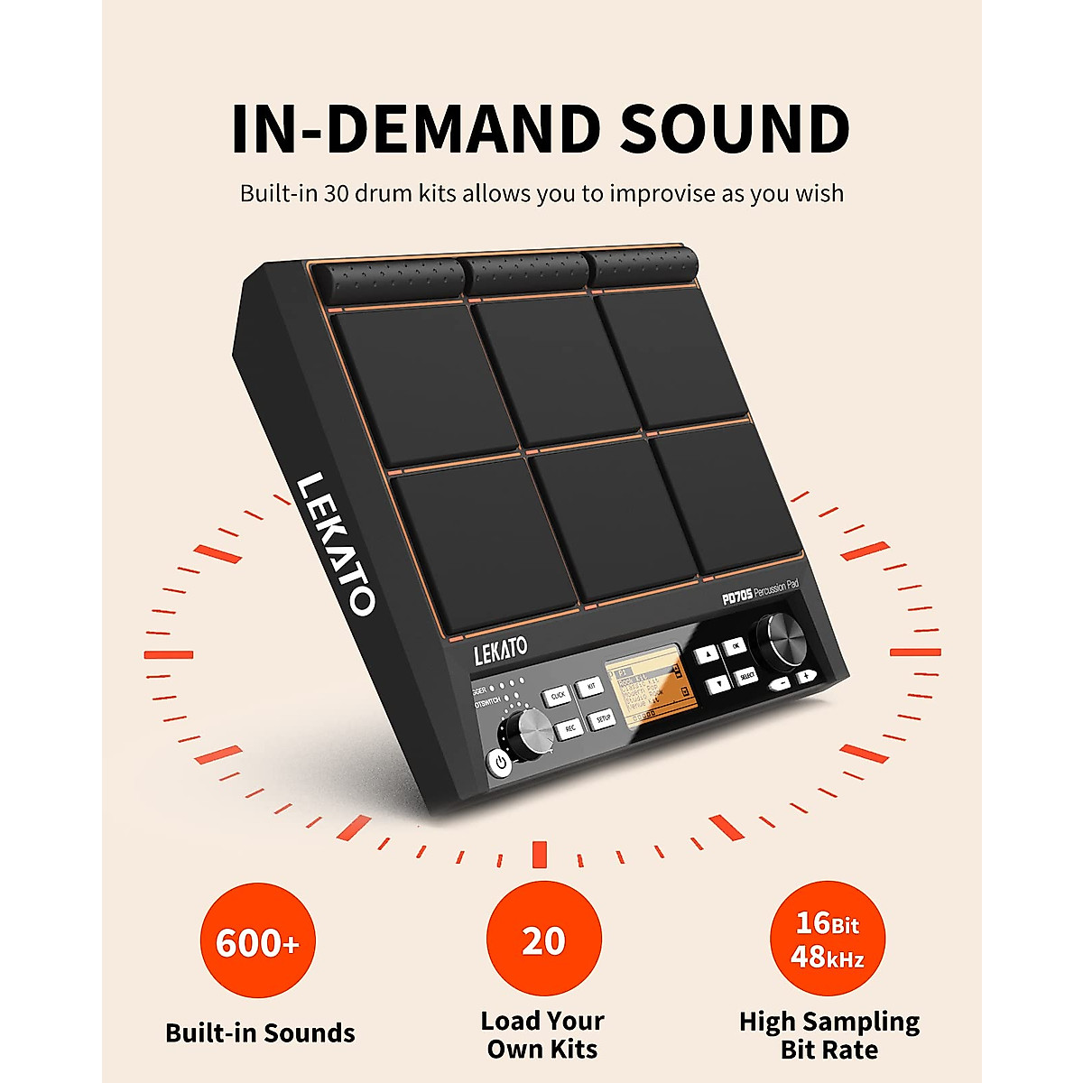 LEKATO Percussion Sample Pad, Electric Drum Pad with 9 Velocity-Sensitive Drum Pad, 592+ Sounds, Electronic Drum Set Pad Multipad with MIDI out, USB MIDI, AUX, Looper, Metronome, Trigger inputs