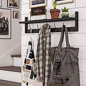 BAMEOS Wall Hooks with Shelf 28.9 Inch Length Entryway Wall Hanging Shelf Wood Coat Hooks for Wall with Shelf Wall-Mounted Coat Hook Rack with 5 Dual Hooks for Bathroom, Living Room, Bedroom (Black)