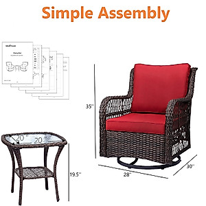 OMTech Rocking Chair, Outdoor Wicker Rotation Rocking Chair with Cushion, Outdoor Rocking Chair Set of 3, with End Table, Indoor Outdoor Patio Yard Bistro Furniture, Red