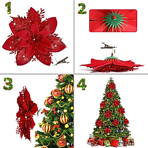 15 PCS Poinsettia Flower Artificial Poinsettia with Clips Christmas Decor Glitter Poinsettia Christmas Ornaments Christmas Tree Flower Decorations with Stems DIY Xmas Wreath Holiday Home Party Decor