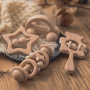 HI BABY MONMENT Wooden Baby Toys Set, Wooden Rattle Set,4PC Handmade Wood Toys,Baby Wooden Toys 36+ Months,Montessori Toys with Wood Car Baby Rattles,for Boys and Girls