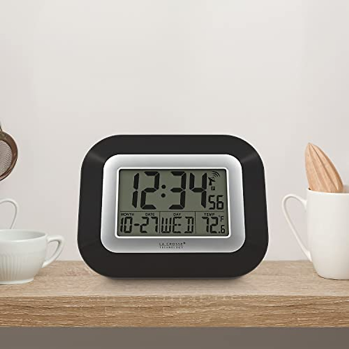 La Crosse Technology WT-8005U-B-INT Atomic Digital Wall Clock with Indoor Temperature, Black,