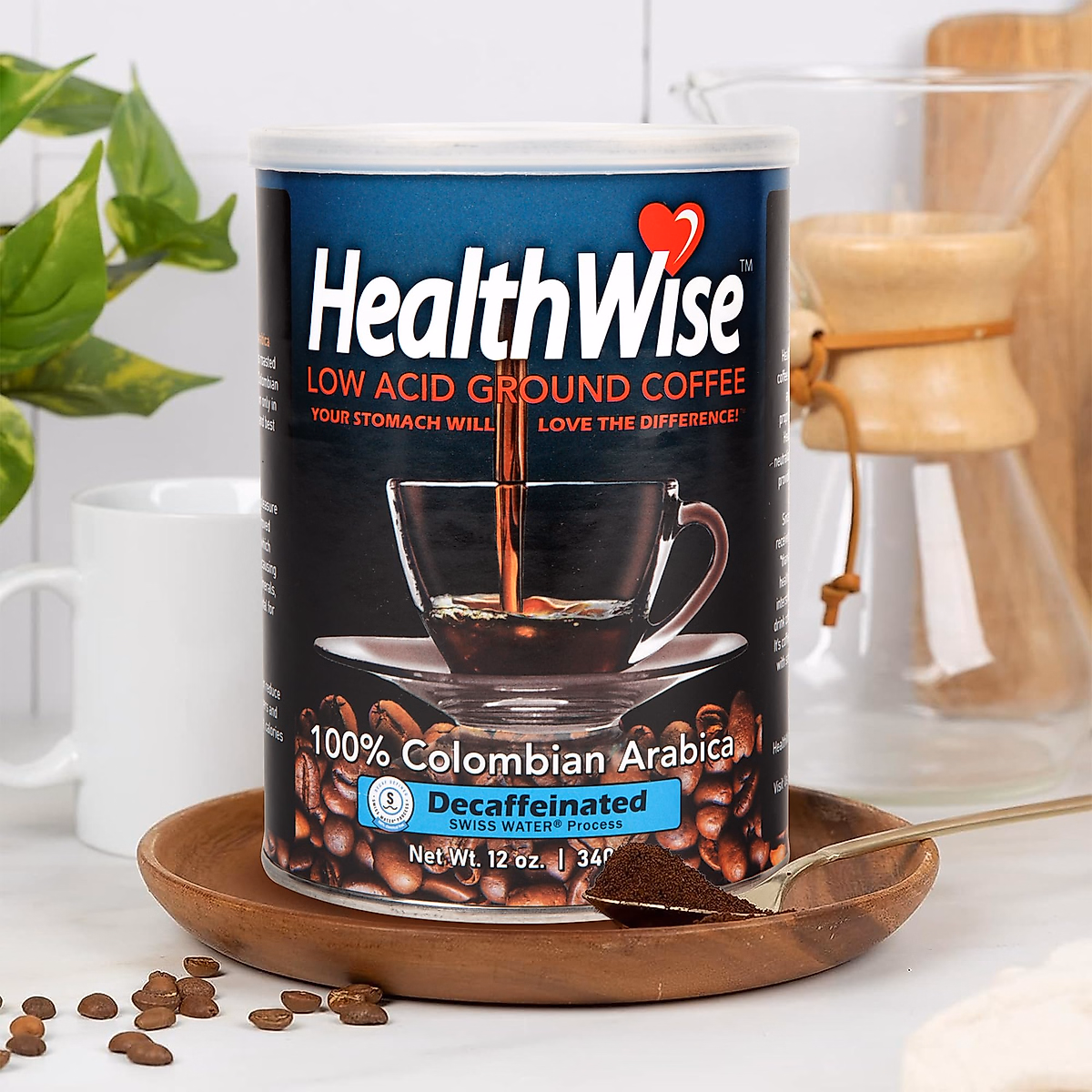 HealthWise Low Acid Swiss Water Decaffeinated Coffee, 100% Colombian Decaf Supremo, 12 Ounce