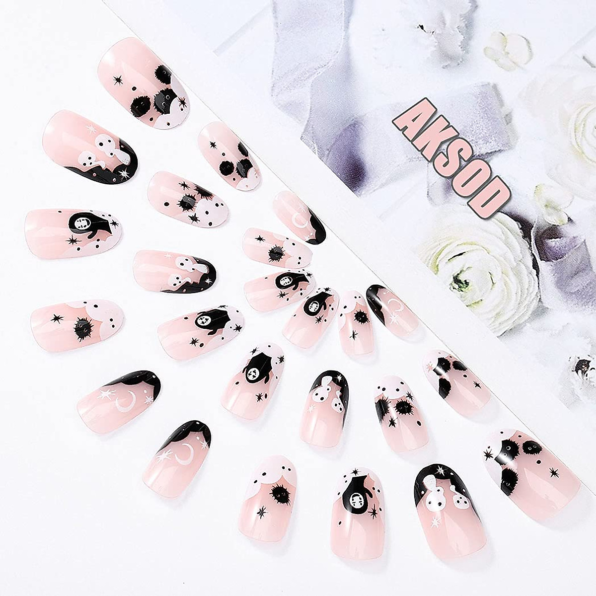 Aksod Ghost Press on Nails Short Glossy Virus Fake Nails Almond Cartoon Designed False Nails Tips Full Cover Cute Halloween Easter Festival Artificial Nails Sets for Women and Gilrs 24Pcs (Style G)