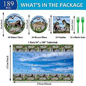 189 Pcs Dinosaur Tableware Tablecloth Party Supplies Set for 24 Guests Dinosaur Birthday Party Decoration Kit Includes Plates Backdrop Banners Cake Topper Dino Baby Shower Kids Party Favors