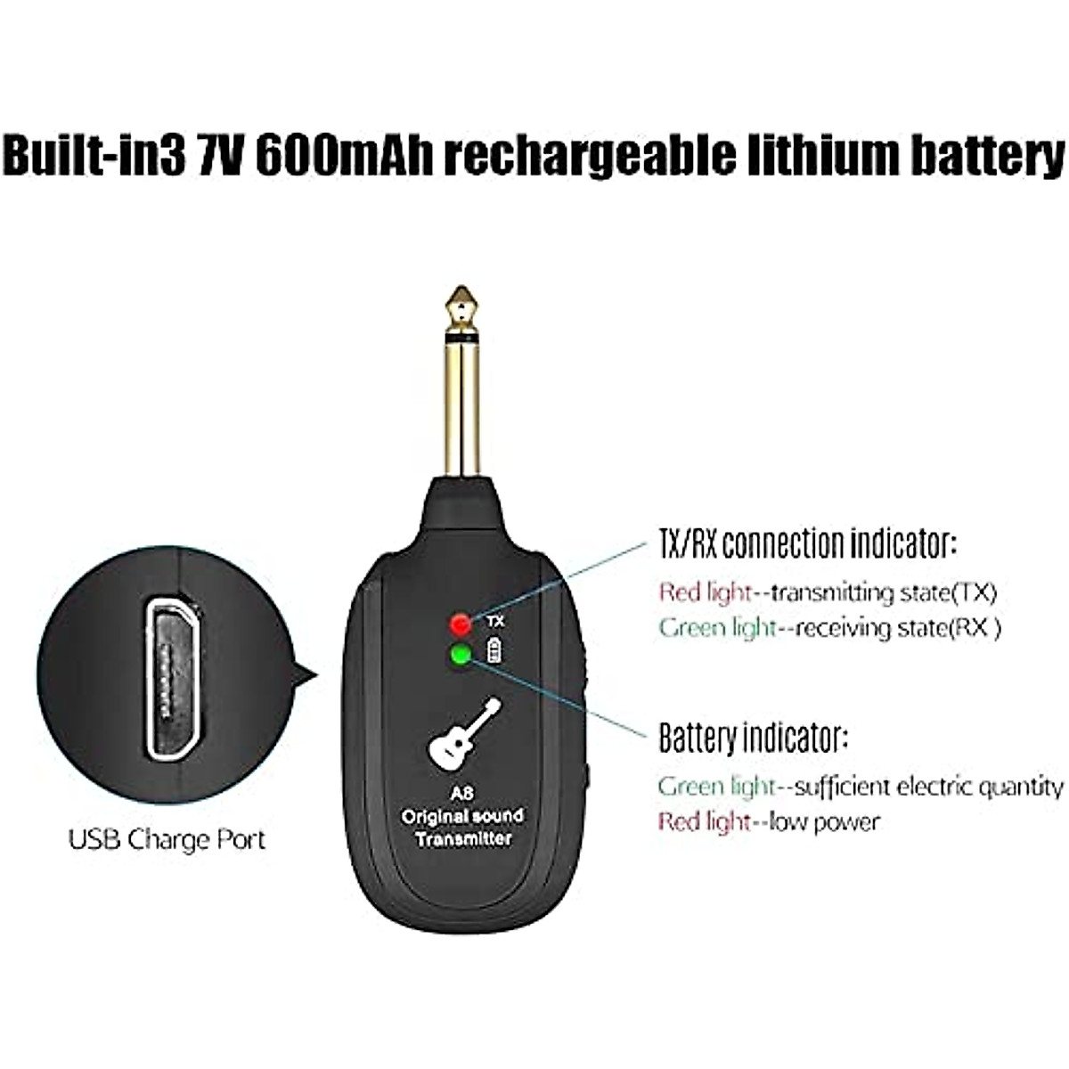 Wireless Guitar System, Wireless Guitar Transmitter and Receiver, 3.7V 600mAh 20Hz-20kHz UHF Built-in Rechargeable Support 4 Channels Transmitter Receiver with Plug for Electric Guitar Bass Organ