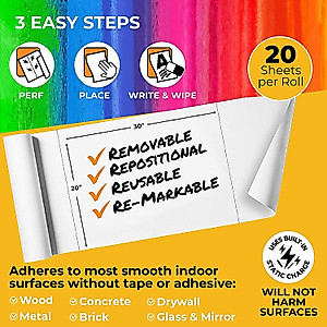 Clingers Dry Erase Kids Cling-rite Rolls, Portable Whiteboard, 50' ft roll, Sheet Size 20x30 for Kids Drawing and Planning, School, Arts and Crafts with 20 White Sheets and Bonus Dry Erase Marker