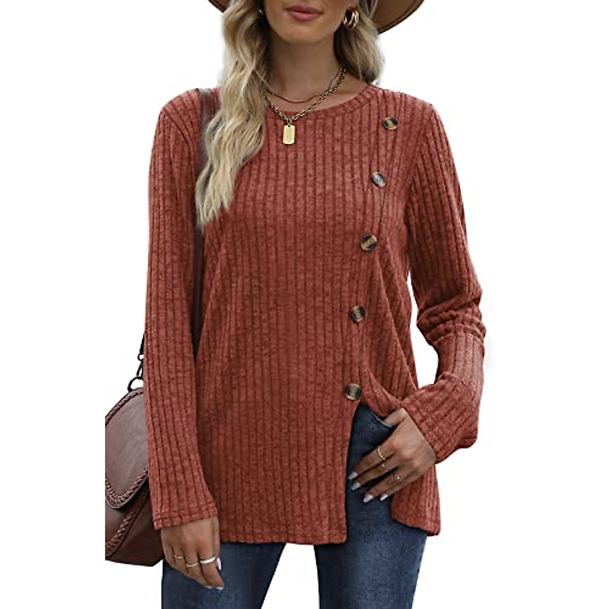 Womens Long Sleeve Tops Fall Sweaters Winter Tops for Women Casual Caramel M